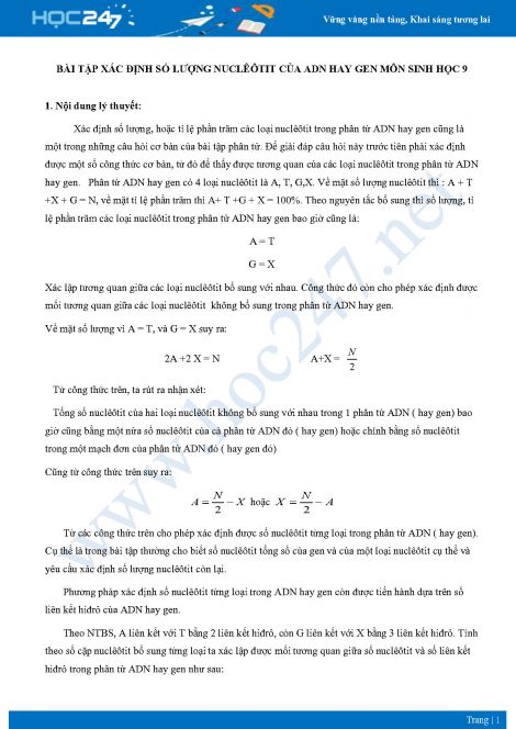 Bài tập xác định số lượng nucleotit của ADN, Gen môn Sinh học 9 năm 2021