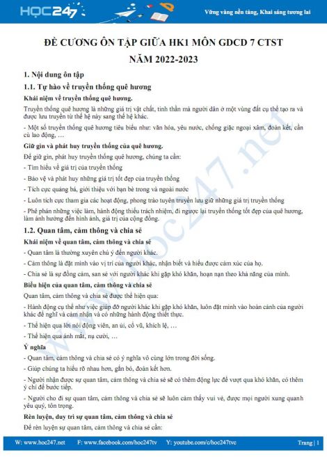 Đề cương ôn tập giữa HK1 môn GDCD 7 CTST năm 2022-2023