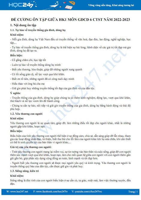 Đề cương ôn tập giữa HK1 môn GDCD 6 CTST năm 2022-2023