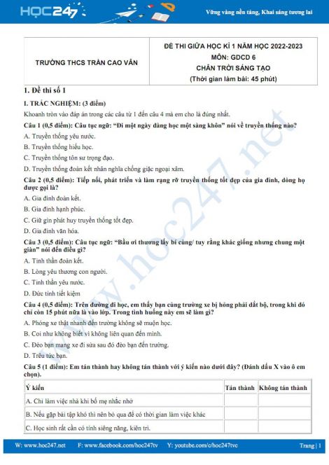 Bộ 5 đề thi giữa HK1 môn GDCD 6 CTST năm 2022-2023 có đáp án Trường ...