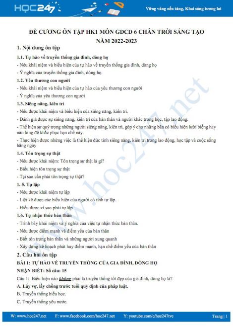 Đề cương ôn tập HK1 môn GDCD 6 CTST năm 2022-2023