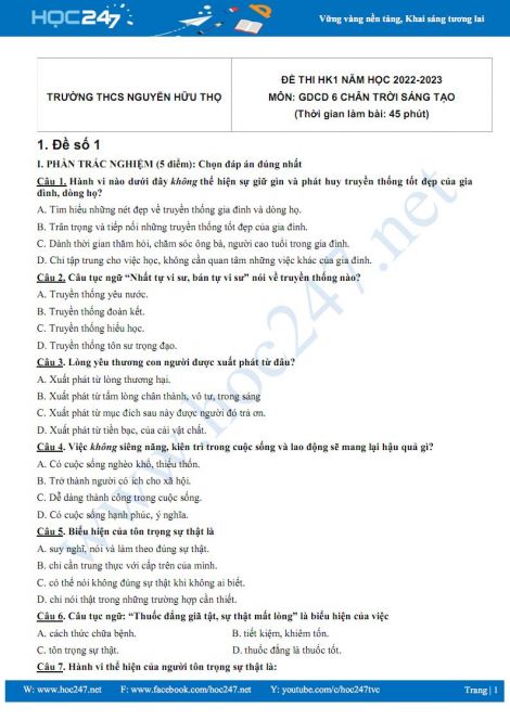 Bộ 3 đề thi HK1 môn GDCD 6 CTST năm 2022-2023 có đáp án Trường THCS ...